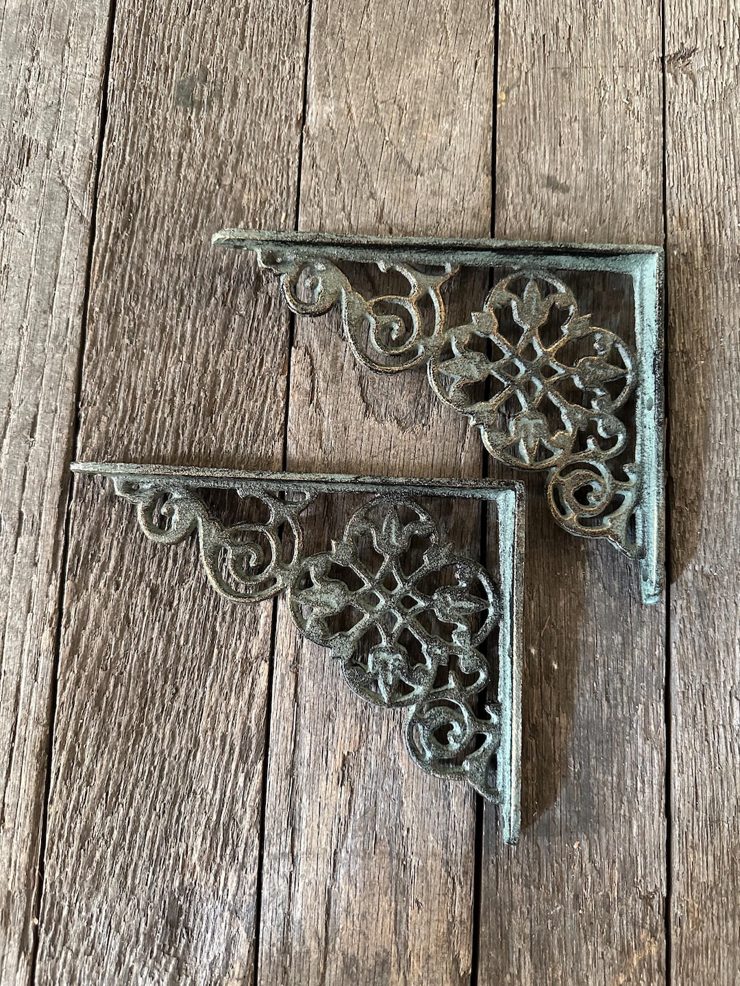 Set of 2 - Verdigris Green Brackets With Tulip Motif Flower Floral ...
