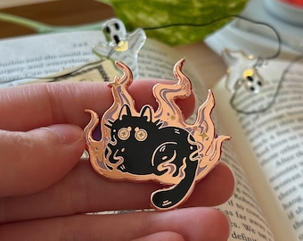 Glow-in-the-dark Haunted House Hard Enamel Pin, Cute Spooky Black Cat Ghost Accessory, Copper ...