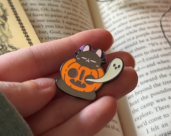 Glow-in-the-dark Haunted House Hard Enamel Pin, Cute Spooky Black Cat Ghost Accessory, Copper ...