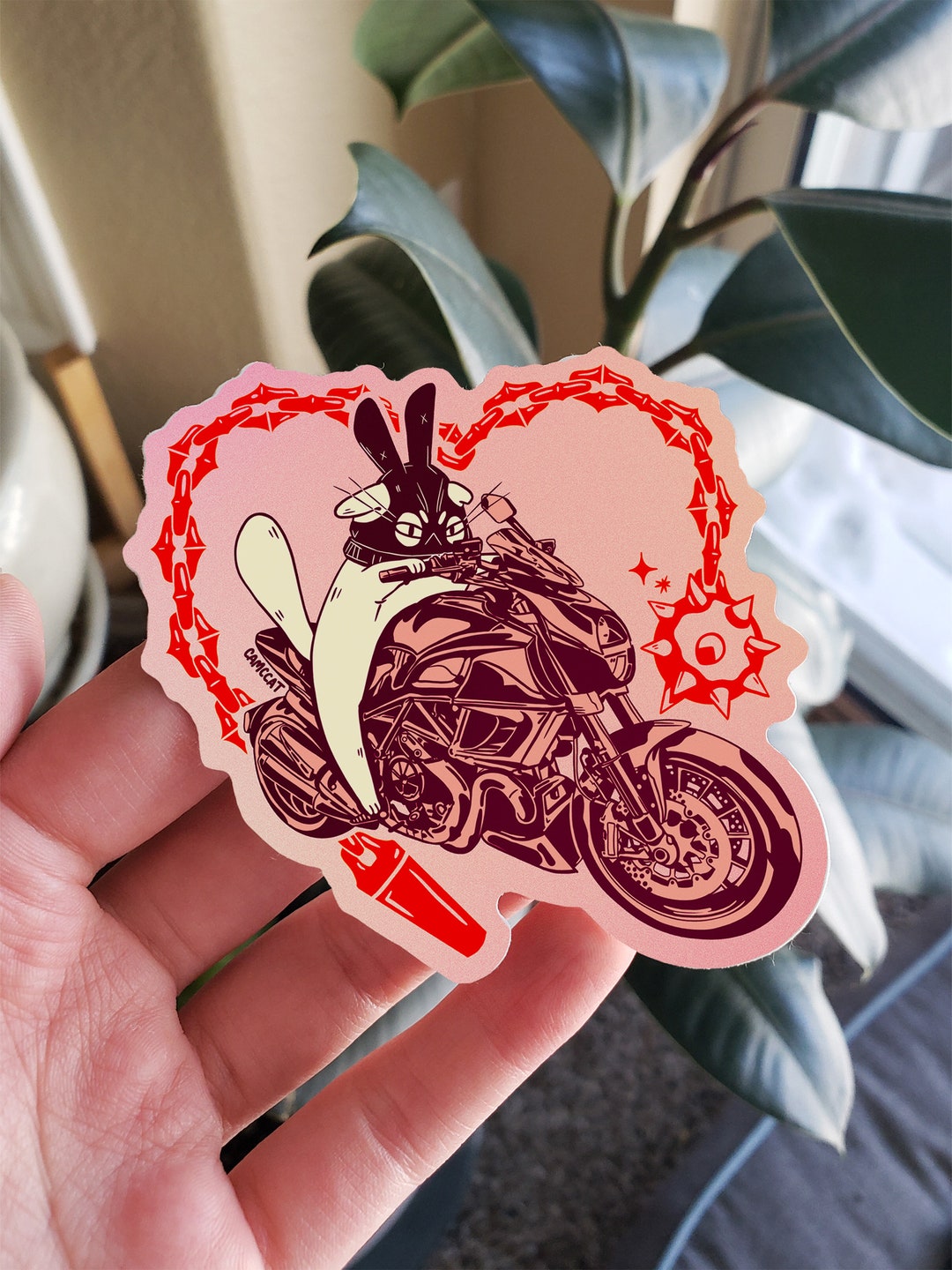 On His Way to Steal Your Heart Cute Motorcycle Cat Matte Vinyl Sticker ...