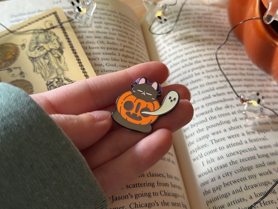 Spooky Black Cat Hard Enamel Pin, Cute Haunted Jack-o-lantern Pin, Fall Glow in the Dark Ghost ...