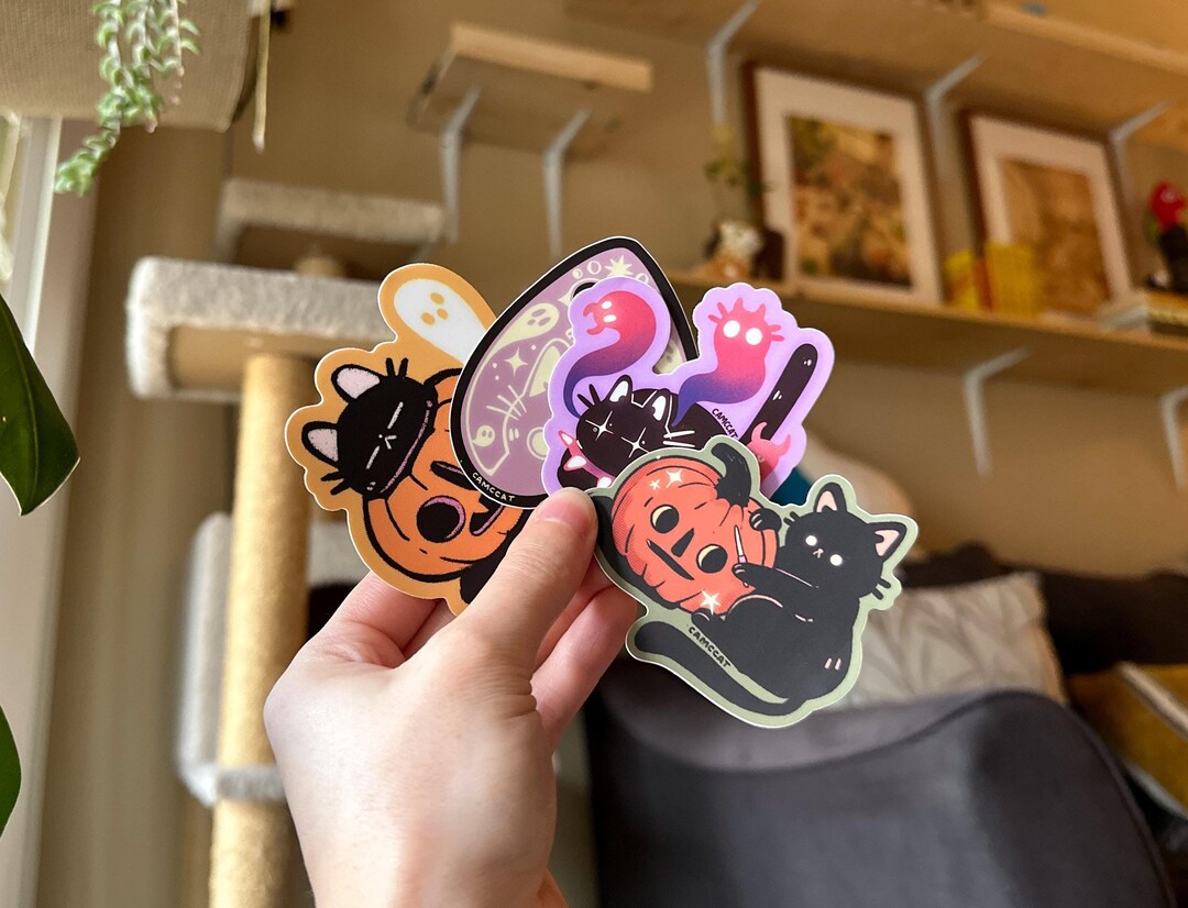 Spooky Kitties Halloween Sticker Set, Cute Demon Ghost Cat Matte Vinyl ...