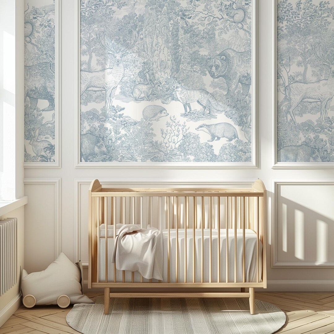 Timeless Forest Mural in Blue KM425 - Antique Woodland Wallpaper ...