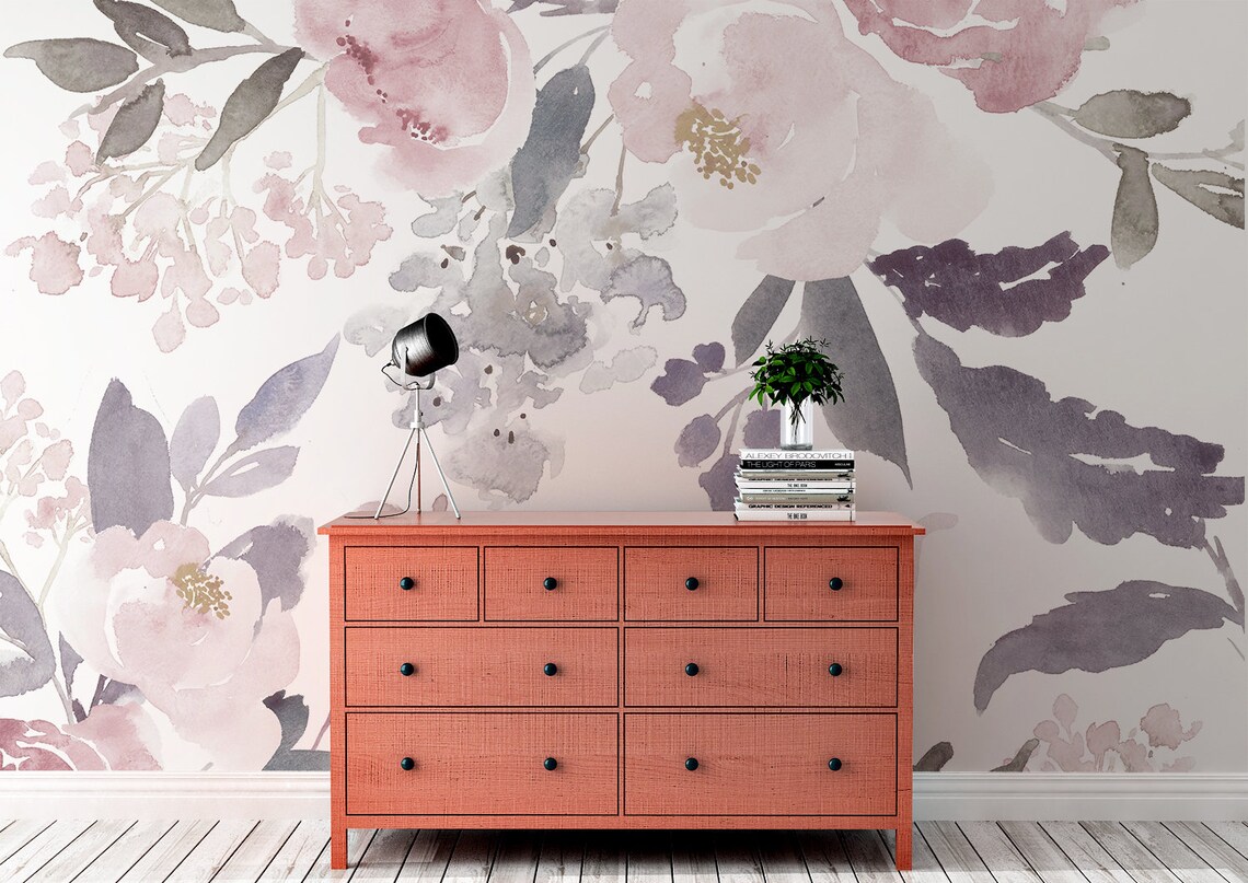 Delicate Forest Floral Large Scale Mural Wallpaper Watercolor | Etsy