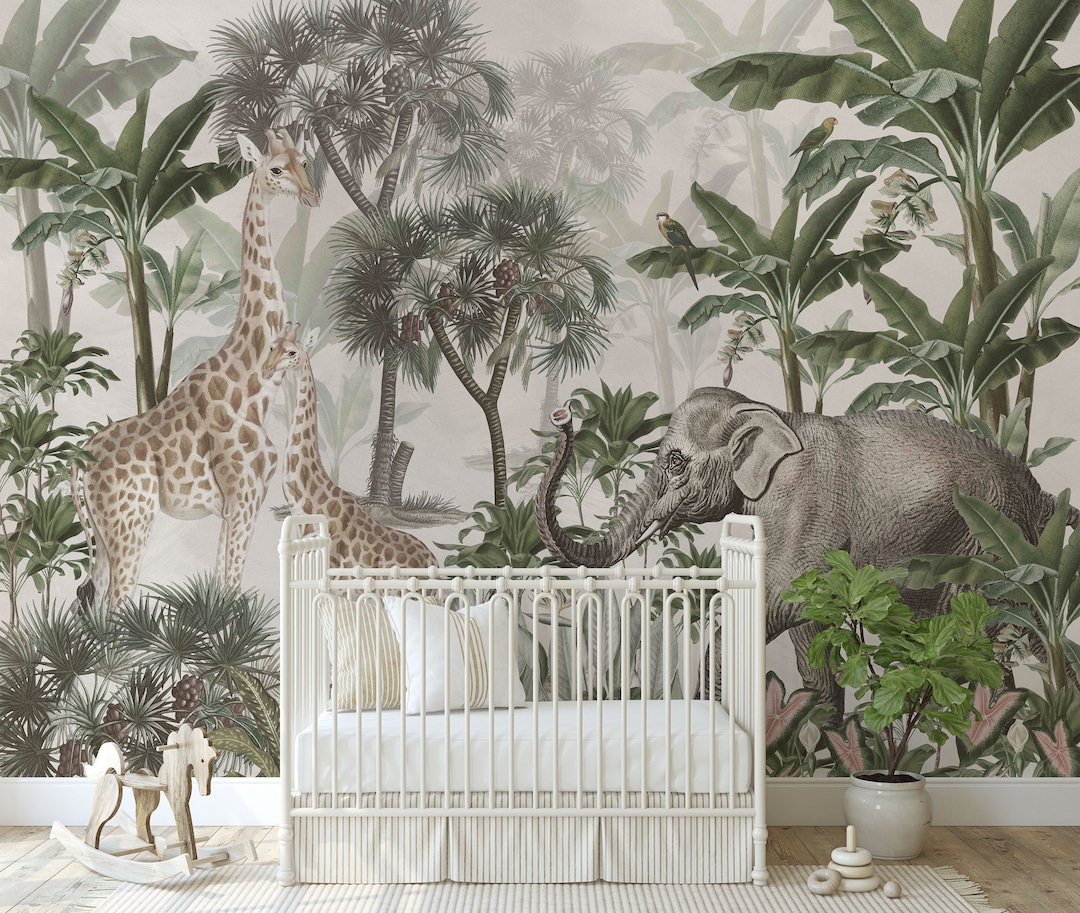 Muted Antique African Jungle Mural KM292 - Boy Nursery Peel and Stick ...