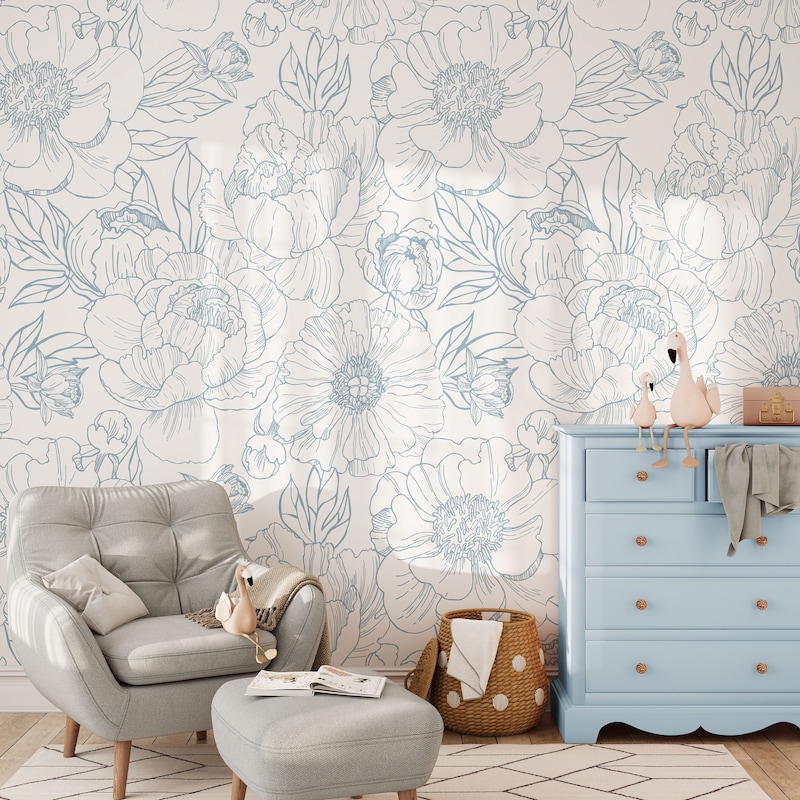 Large Blue Floral Wallpaper - Etsy