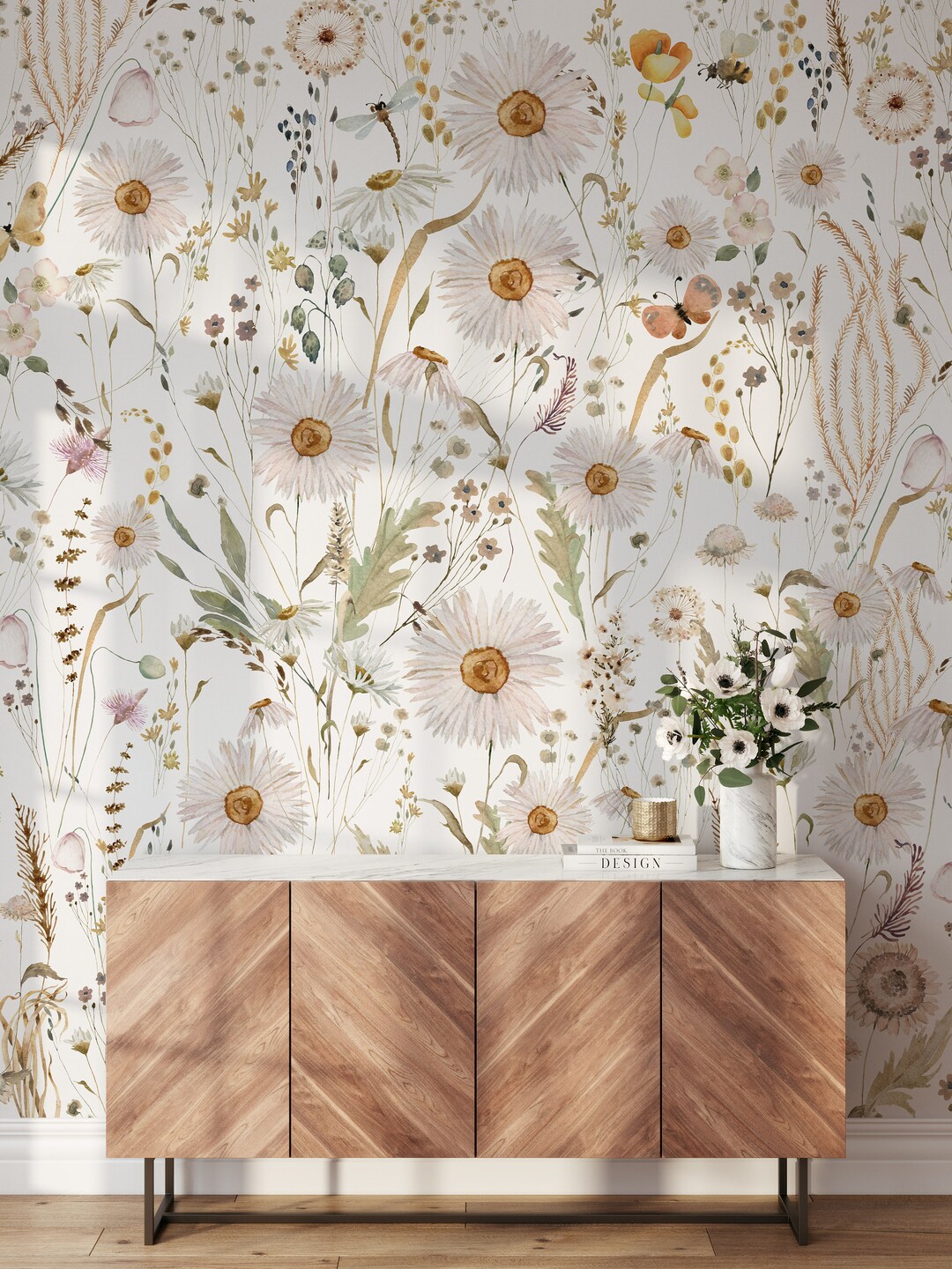 Boho Floral Meadow Wallpaper Mural: Large Scale Flowers, Peel and Stick ...