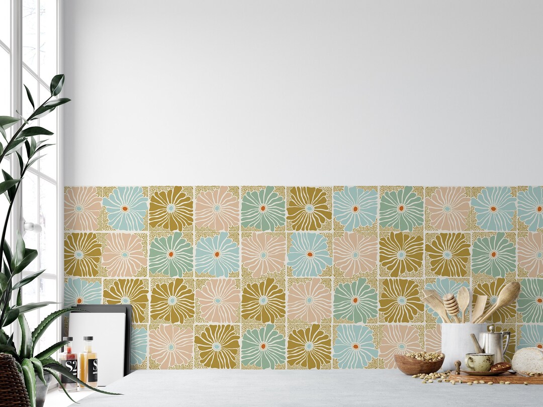 Retro Floral Tile Vinyl Decal Stickers Pack, for Floors Kitchen Stairs ...