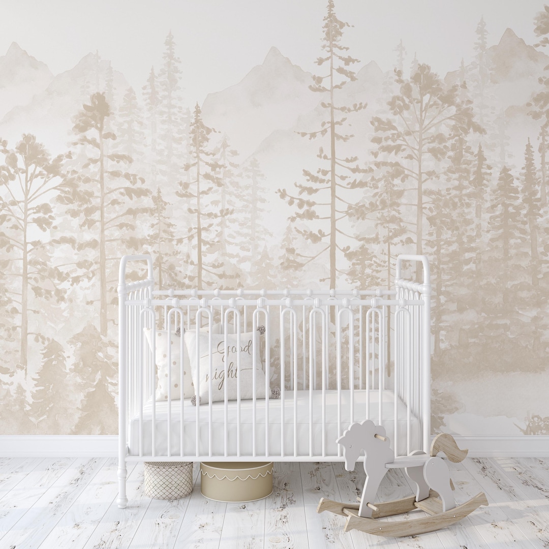 Neutral Woodland Forest Wallpaper: Beige Pine Trees, Peel and Stick - Etsy