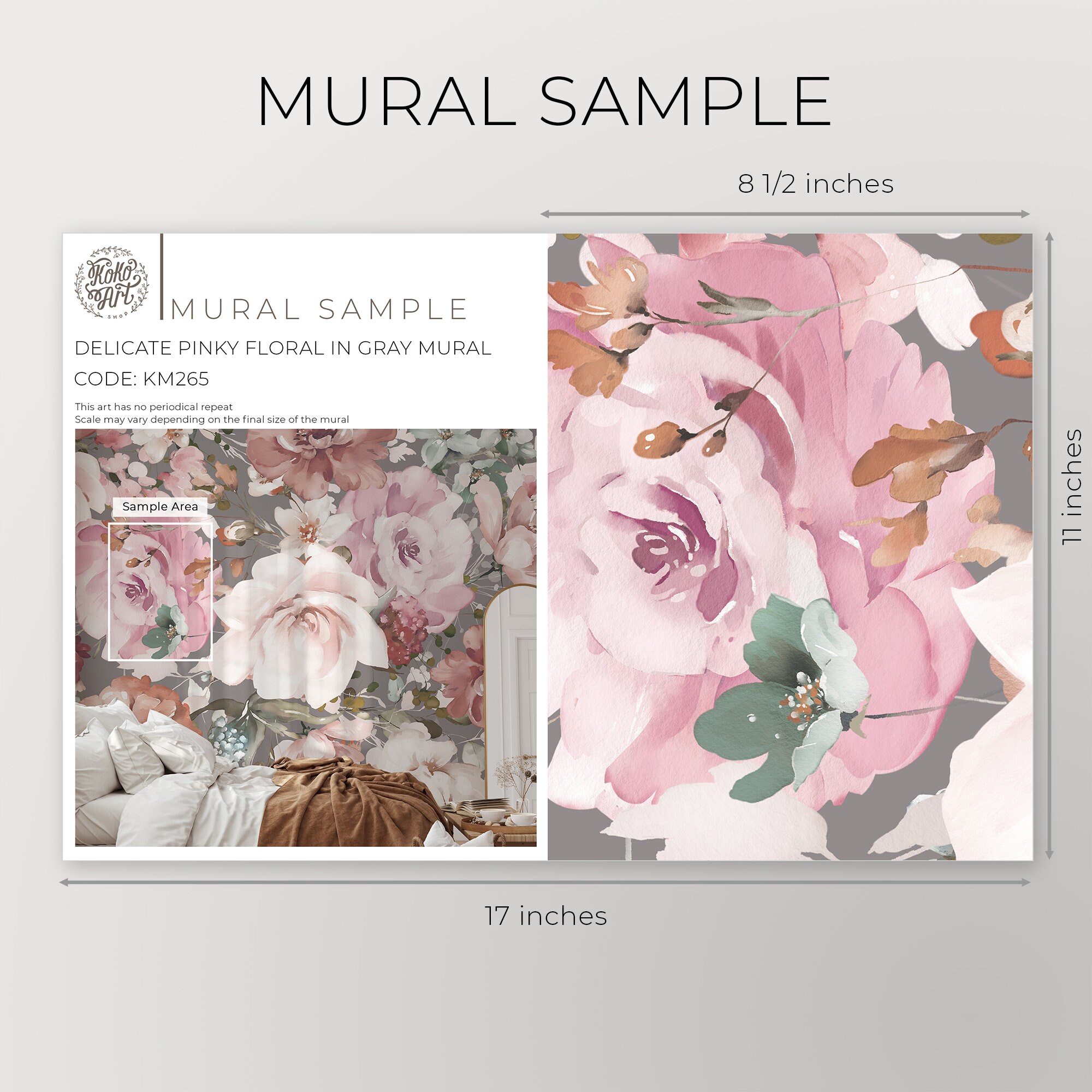Delicate Pinky Floral in Gray Mural KM265 Self Adhesive Large - Etsy