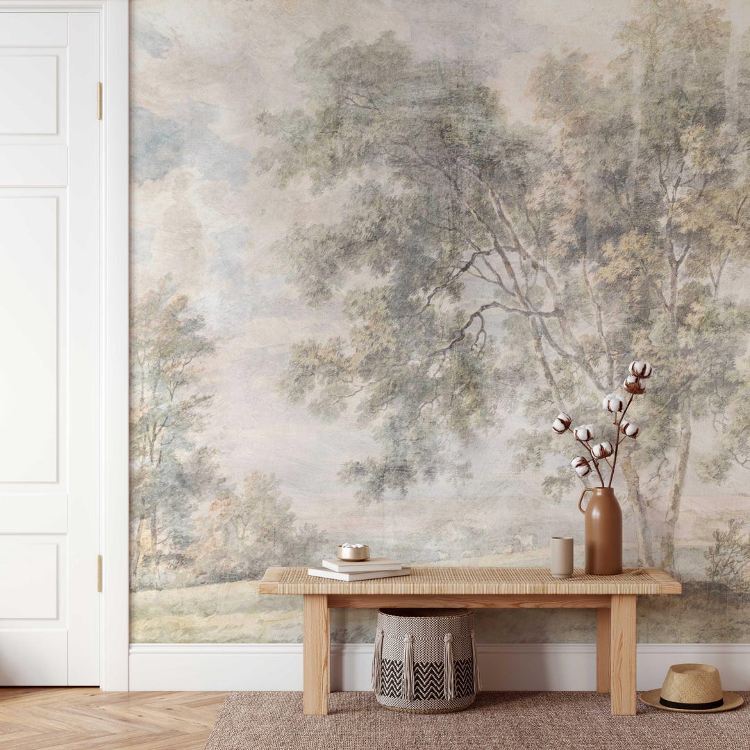 Timeless Land Wallpaper Mural – Distressed Antique Landscape, Peel and ...