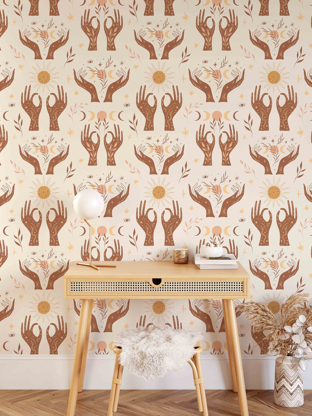 Astral Hands Wallpaper: Boho Sun & Moon Removable Peel and Stick - Etsy