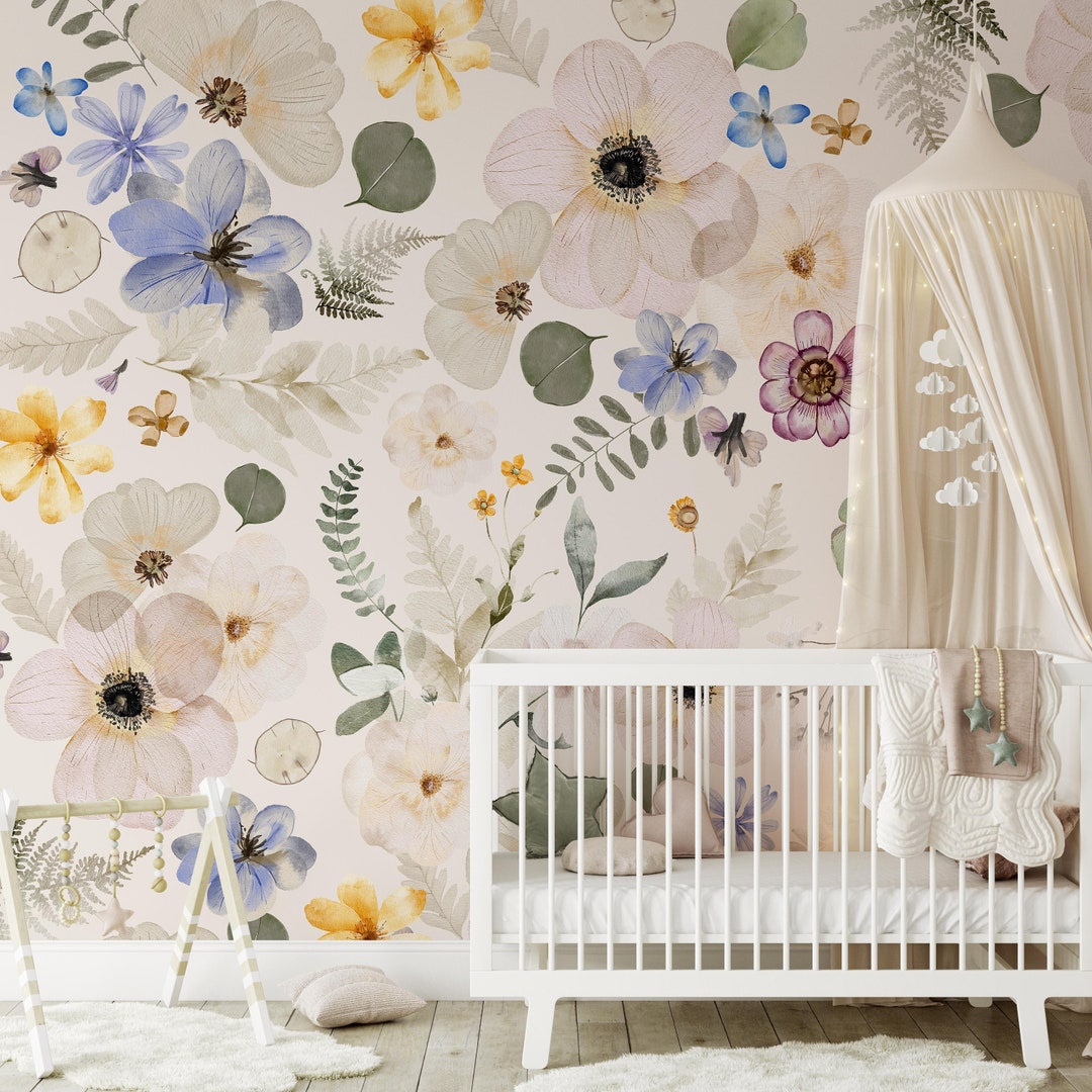 Angie Mural KM273 - Neutral Large Scale Pressed Floral Wallpaper - Peel ...