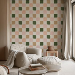 Boho Checkered Wallpaper: Green & Pink Peel and Stick - Etsy