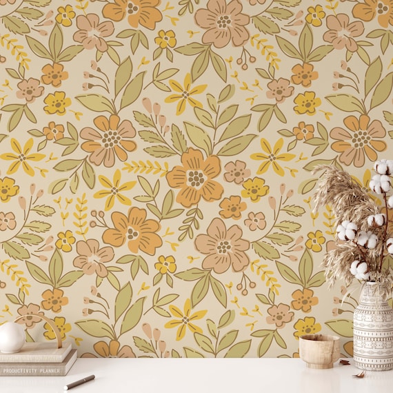 Boho Vintage Floral Wallpaper A223 Boho Peony and Wind Flowers - Etsy