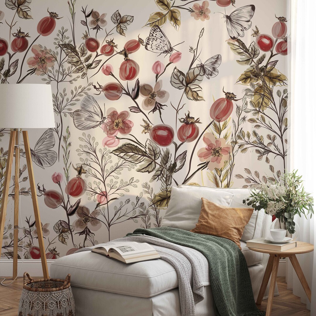Boho Butterfly Garden Mural KM250 Self Adhesive Large Scale Wallpaper ...