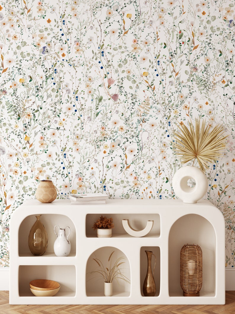 Audrey Flowers Wallpaper Mural – Soft Cascading Florals, Peel and Stick ...