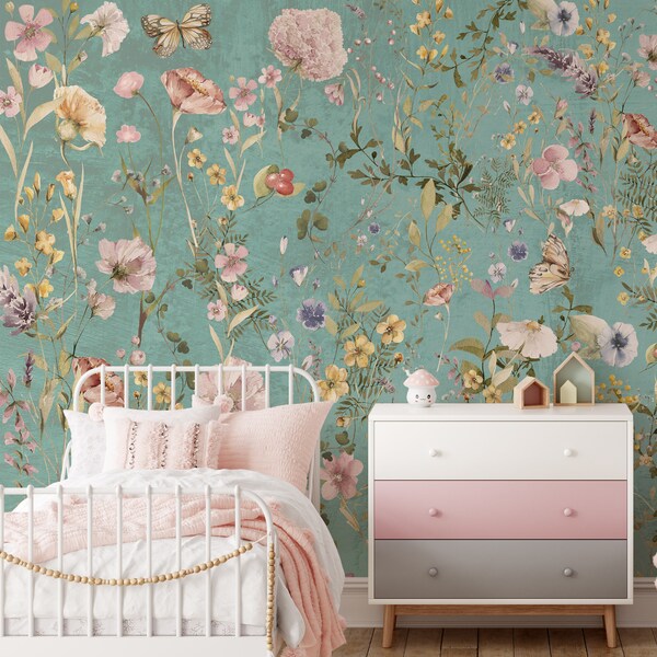 Large Blue Floral Wallpaper - Etsy