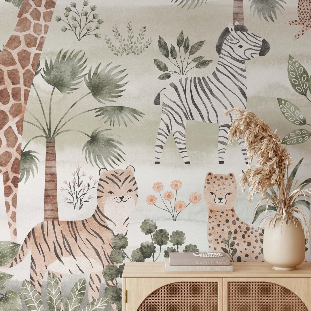 Sweet Safari Mural - KM390 Jungle African Wildlife Tropical Palms ...