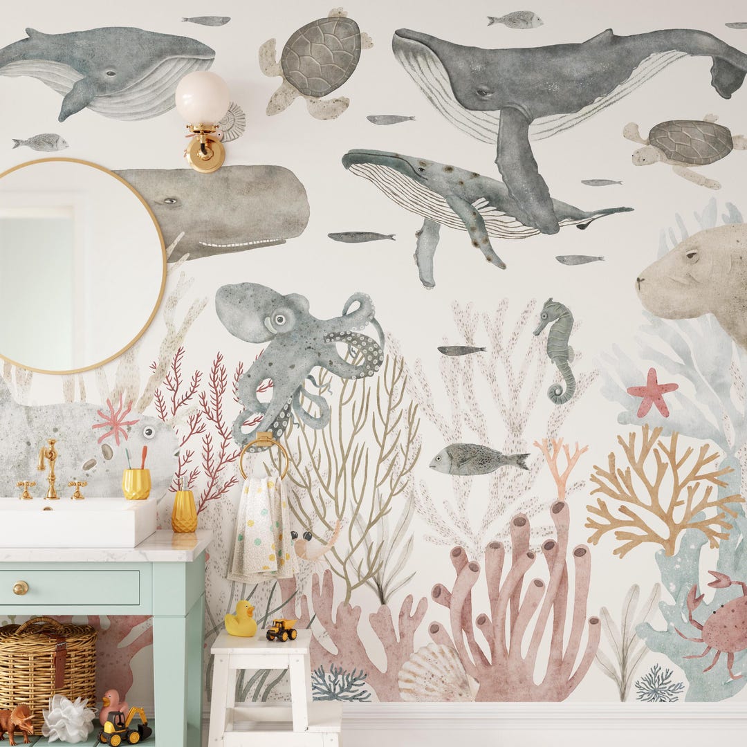 Neutral Underwater Mural – Ocean Whisper Wallpaper Mural Watercolor ...