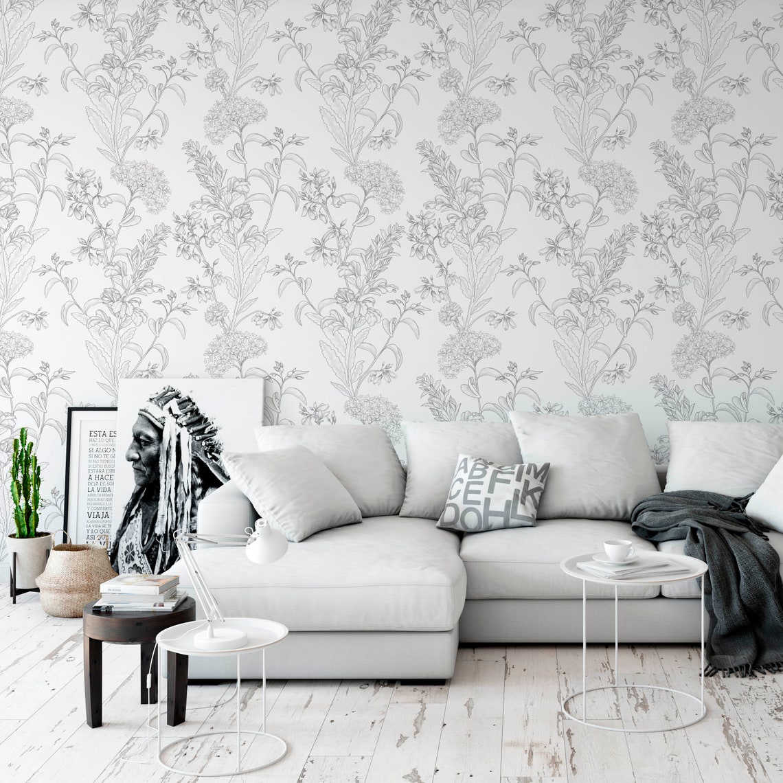 Wallpaper Muted Elegant Floral Drawing Self Adhesive Peel and - Etsy