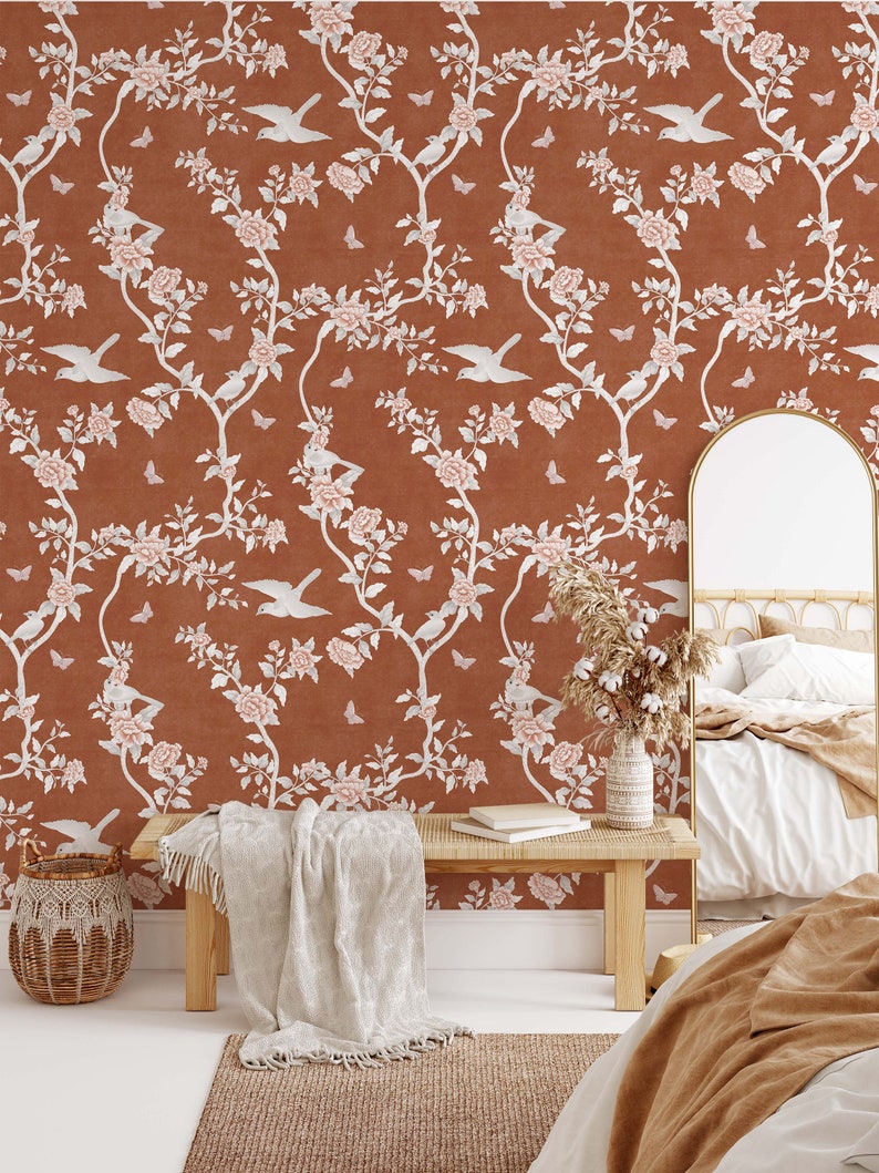 Le Tariche Chinoiserie in Terracotta Wallpaper Muralflowers - Etsy