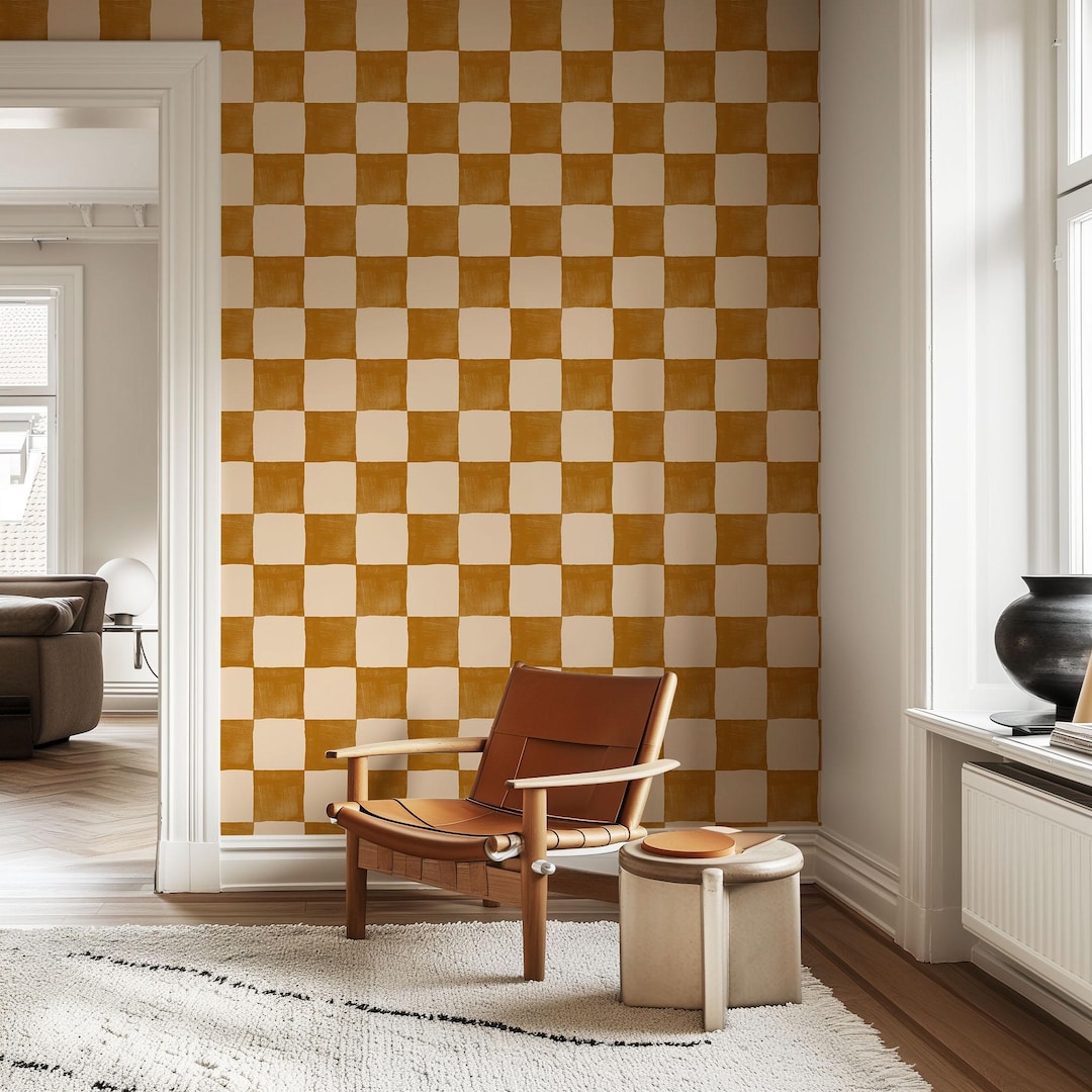 Golden Checkered Peel and Stick Wallpaper: Boho Geometric Pattern - Etsy