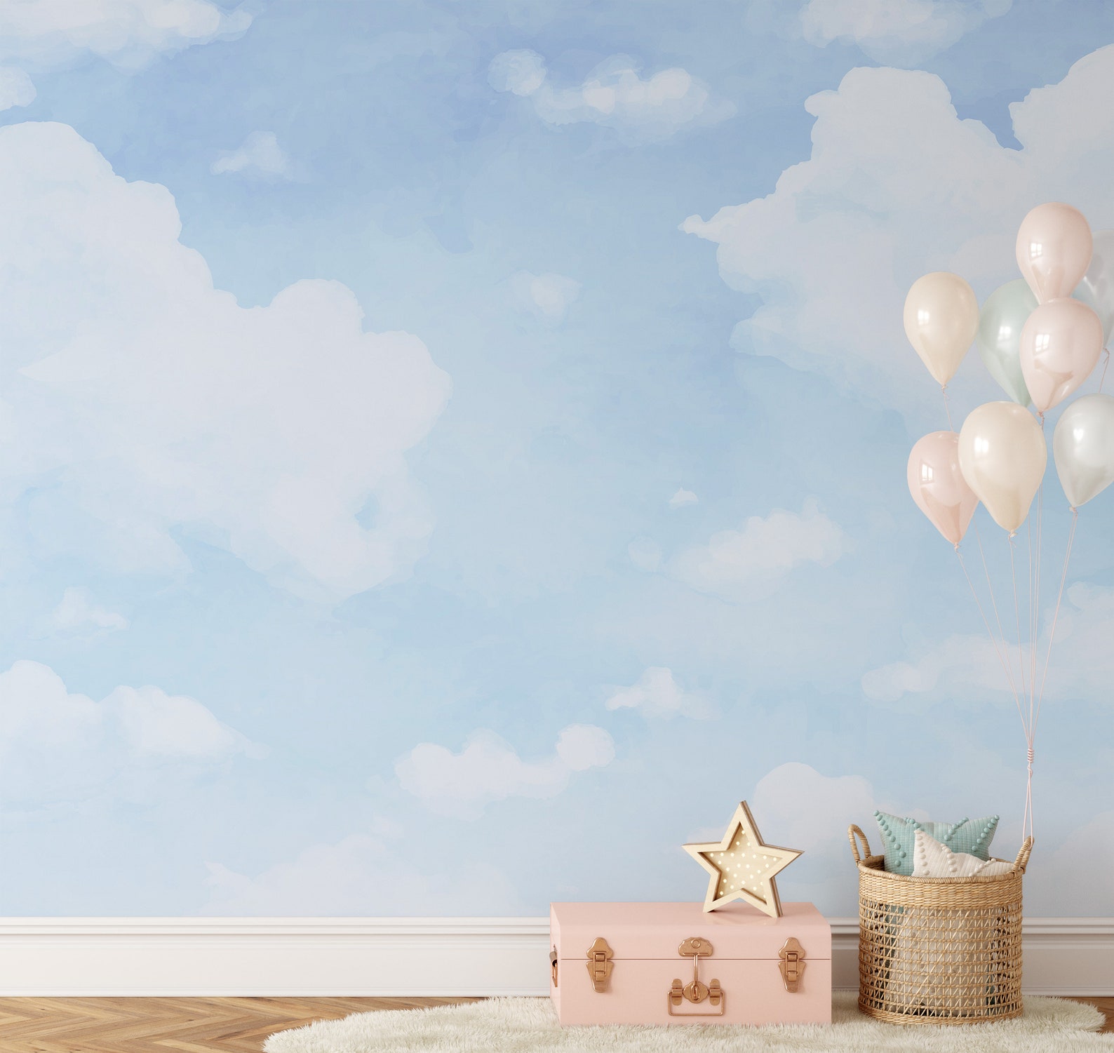Blue Sky Wallpaper Mural – Soft Clouds for Nursery, Peel and Stick or ...
