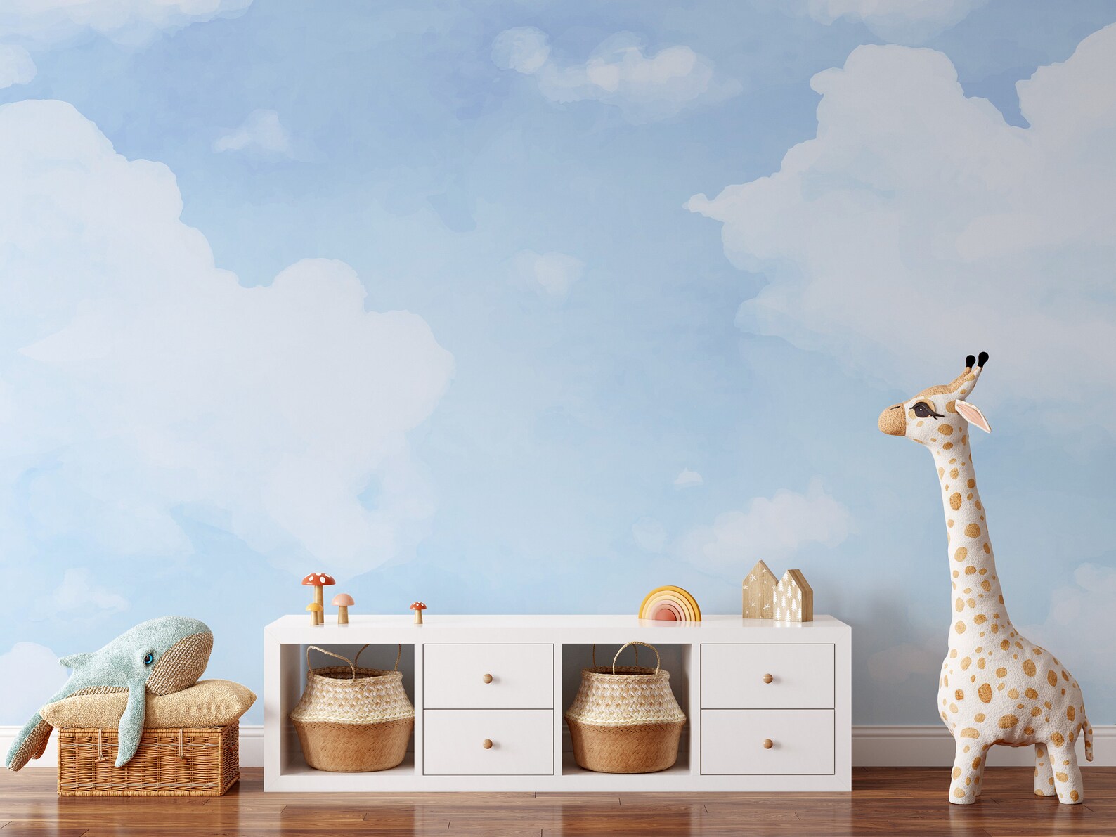 Blue Sky Wallpaper Mural – Soft Clouds for Nursery, Peel and Stick or ...