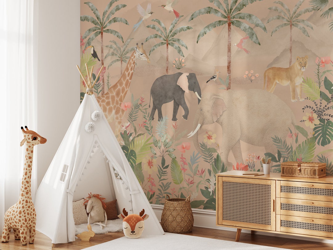 Boho Safari Wallpaper Mural: Jungle Animals & Tropical Palms, Peel and ...