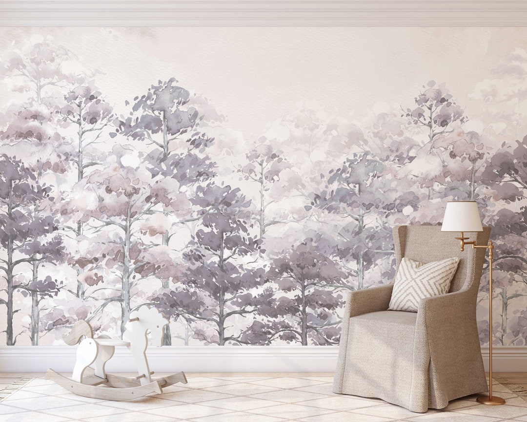 Mauve Forest Watercolor Wallpaper - Large Scale Nursery Decor (peel and ...