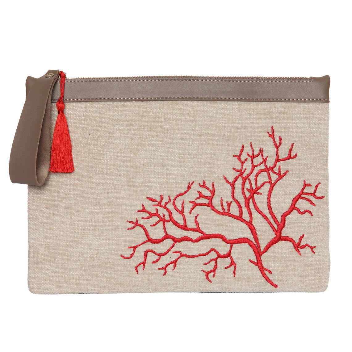 Coral Embroidered Velvet Clutch Bag, Embroidered Handbag With Leather ...