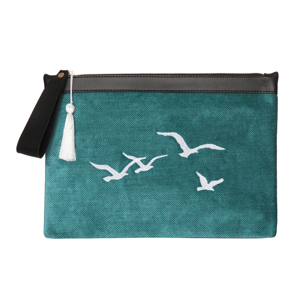 Seagull Embroidered Velvet Clutch Bag, Embroidered Handbag With Leather ...