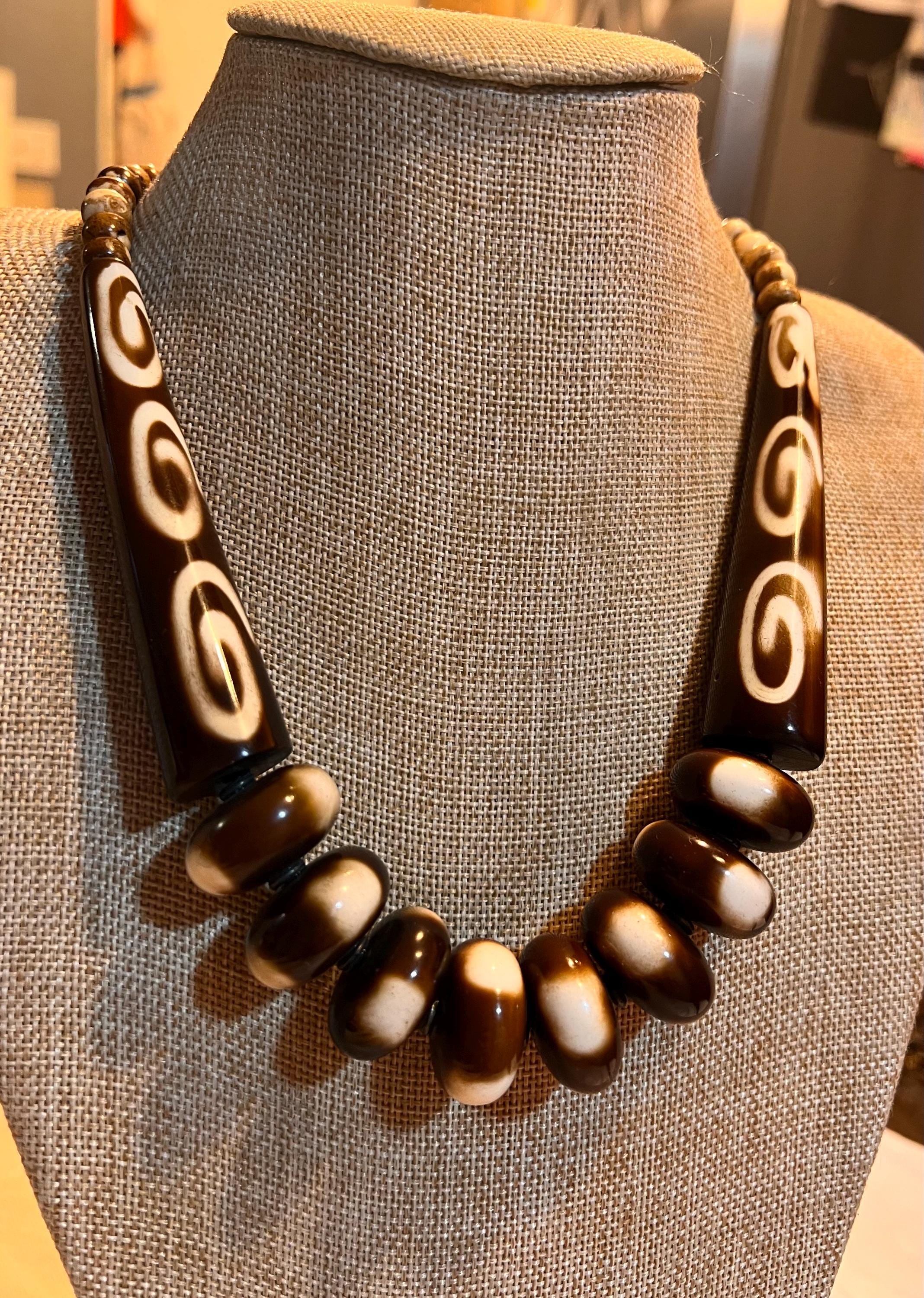 Vintage Tribal Batik / Horn Style Beaded Necklace Brown With White ...