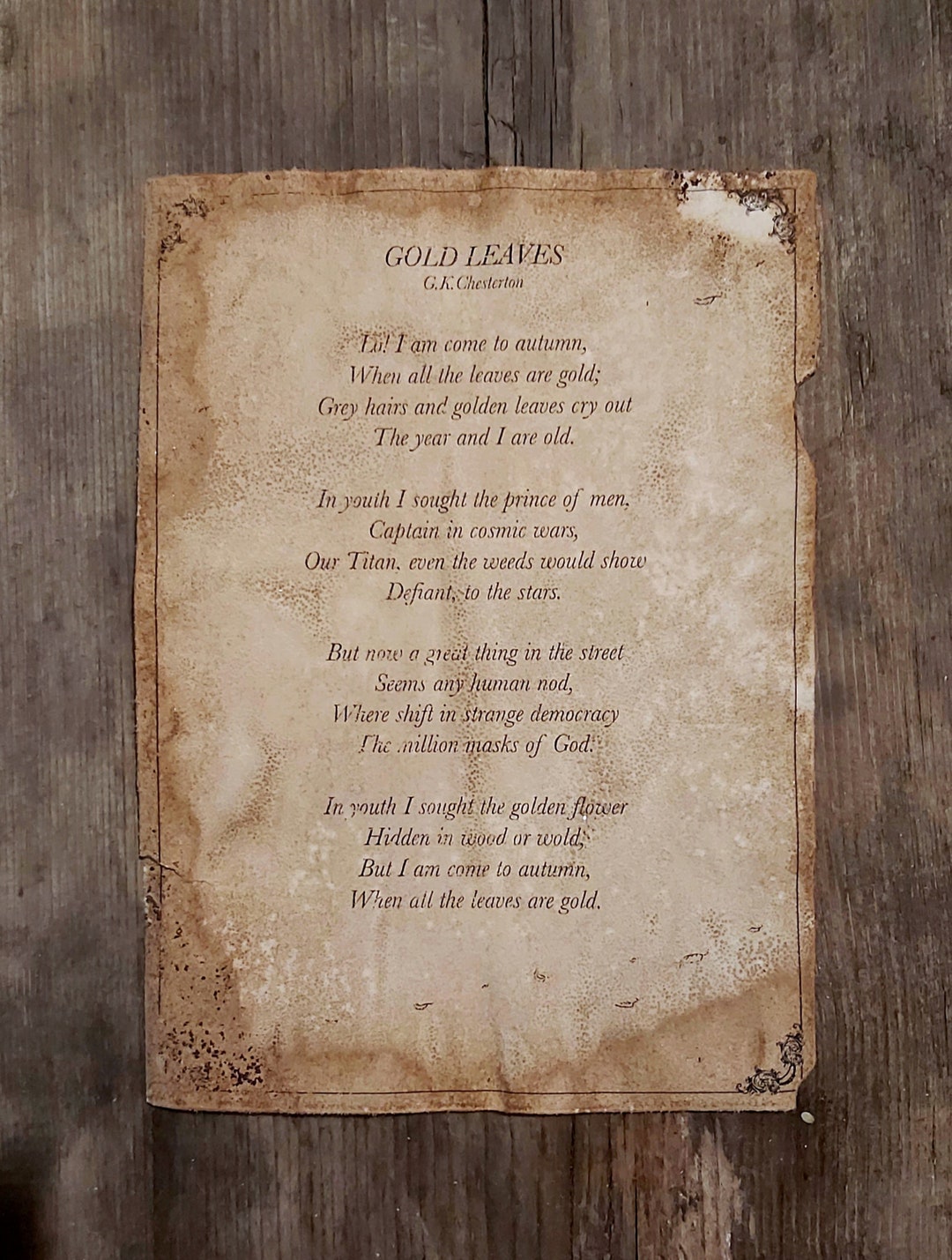 Gold Leaves GK Chesterton Aged Poem Document - Etsy