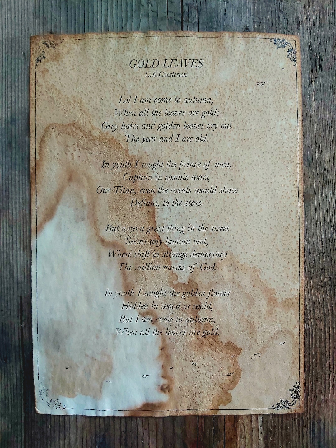 Gold Leaves GK Chesterton Aged Poem Document - Etsy
