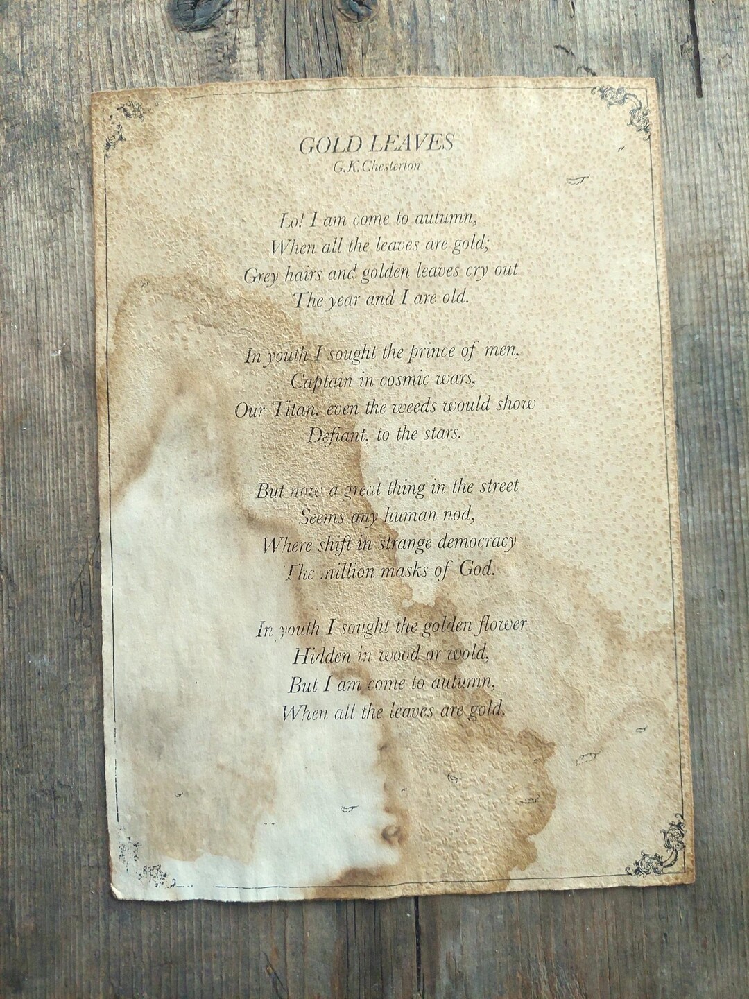 Gold Leaves - GK Chesterton - Aged Poem Document - Etsy