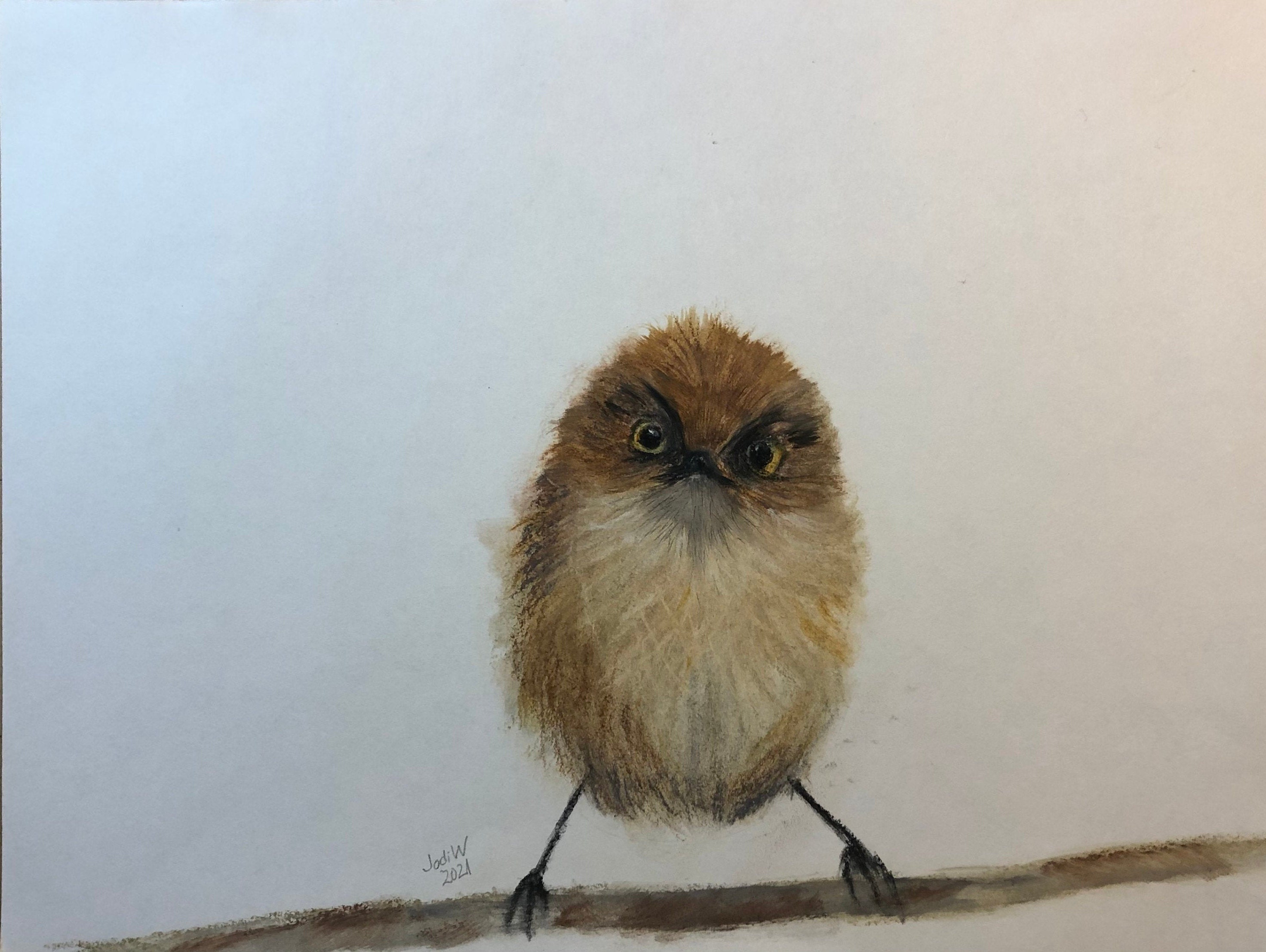 Hand Drawn Angry Bird bushtit in Oil Pastel Crayons 8x12 | Etsy