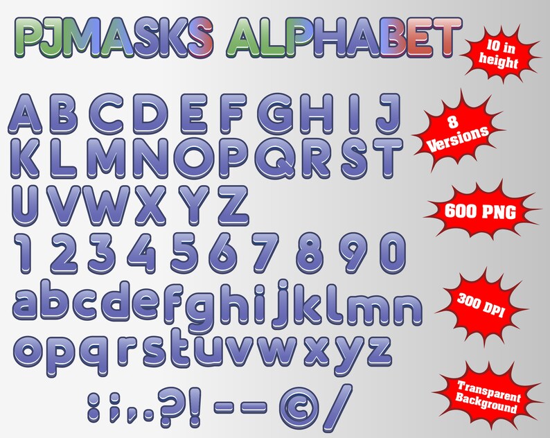 Pj Masks Alphabet Numbers and Symbols 600 PNG 300 dpi | Etsy