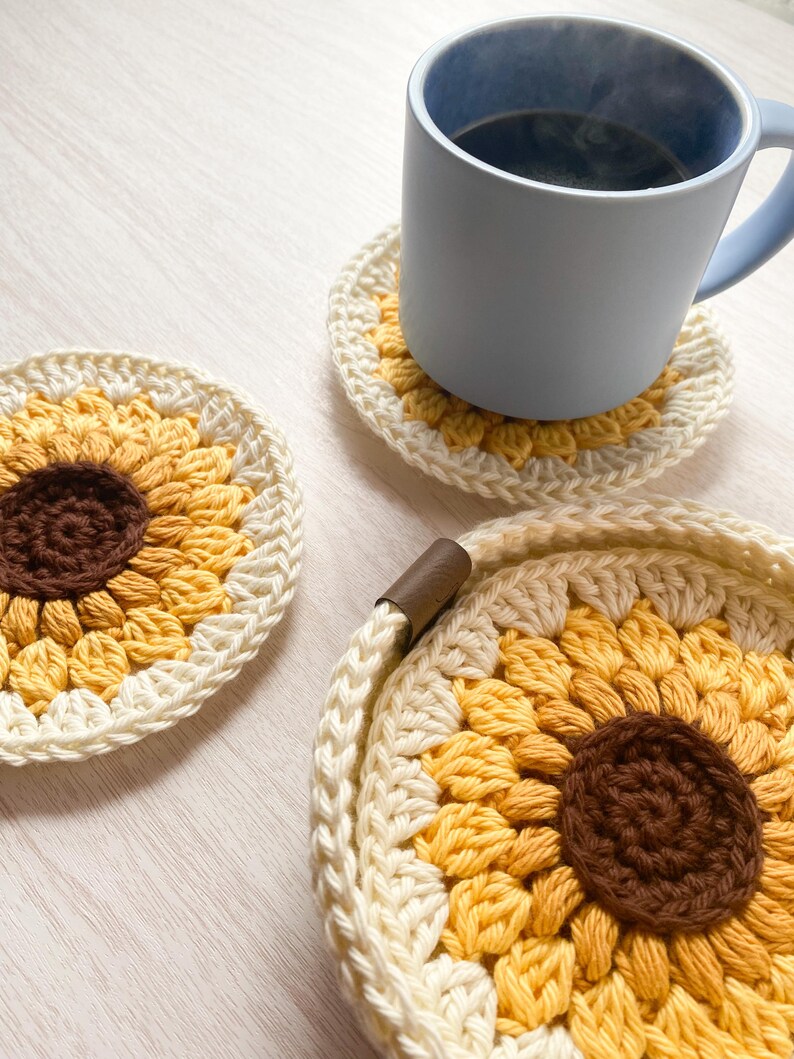 Rustic Sunflower Crochet Drink Coasters With Holder, Set of 4 - Etsy