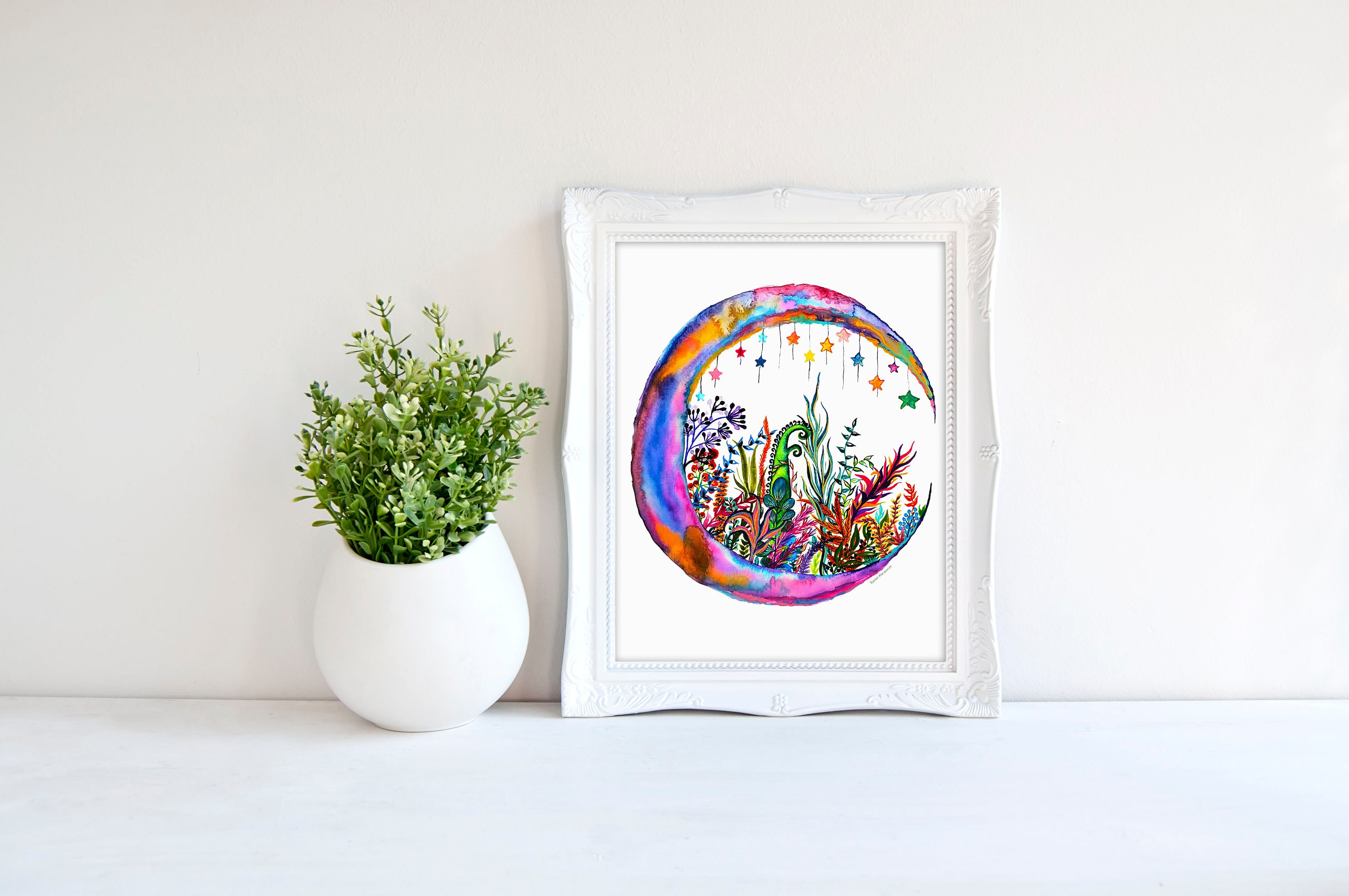 Moon Art Print Crescent Moon Art Colorful Moon Painting | Etsy
