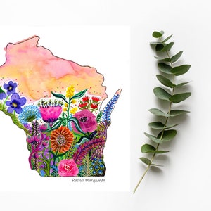 Wisconsin Watercolor Map Print: Floral State Art by Rachel Marquardt - Etsy
