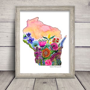 Wisconsin Watercolor Map Print: Floral State Art by Rachel Marquardt - Etsy