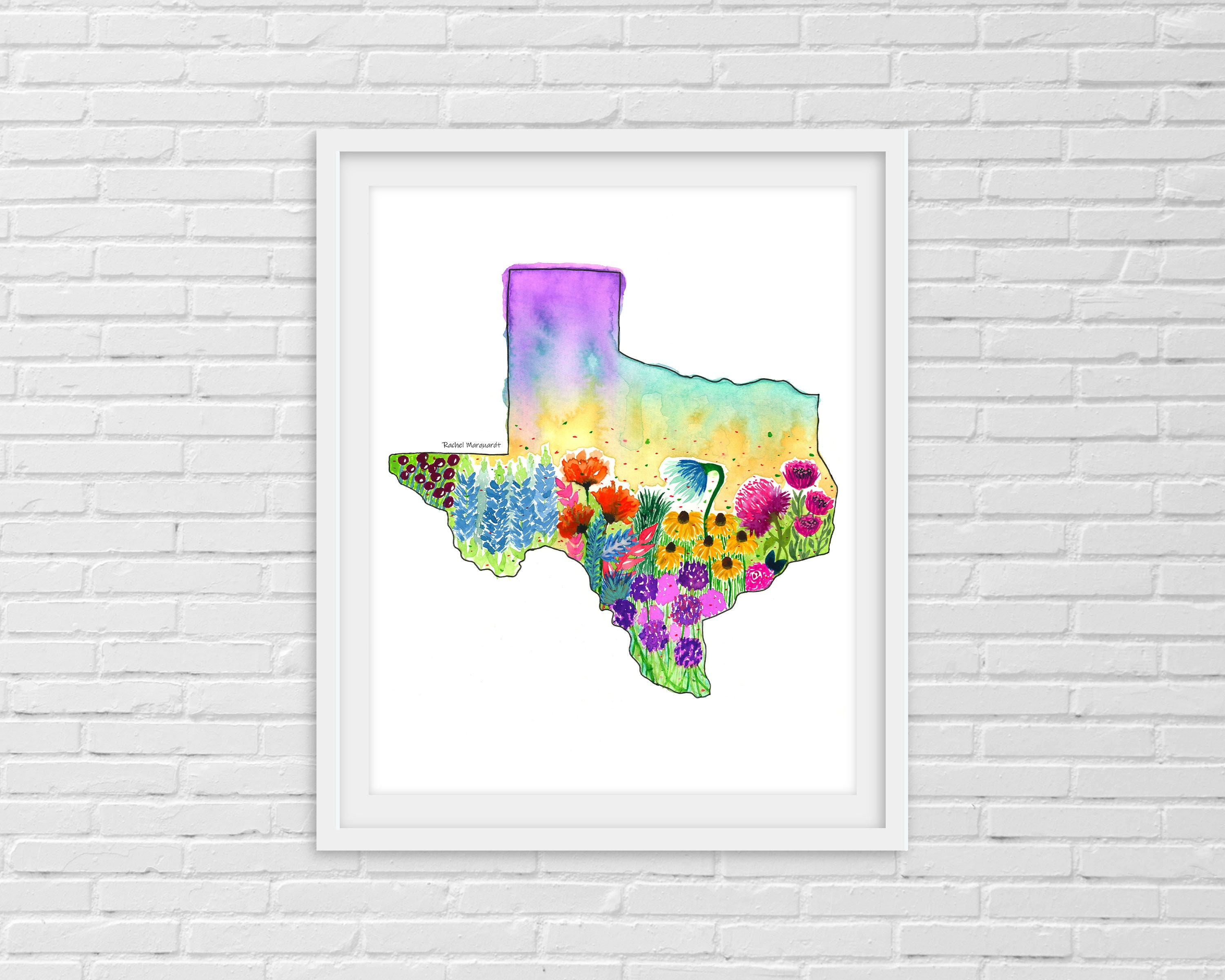 Texas Map Art: Bluebonnet Watercolor Painting by Rachel Marquardt - Etsy