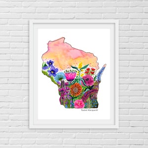 Wisconsin Watercolor Map Print: Floral State Art by Rachel Marquardt - Etsy