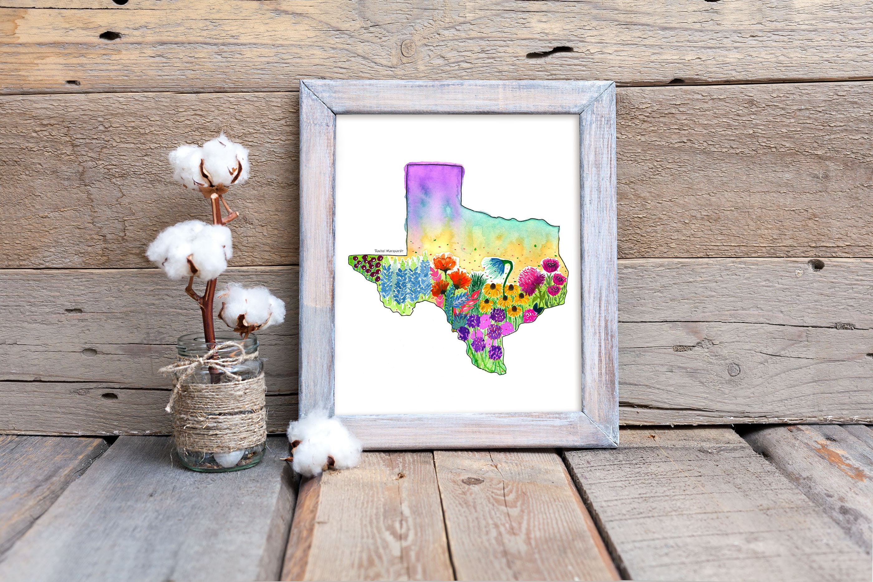Texas Map Art: Bluebonnet Watercolor Painting by Rachel Marquardt - Etsy