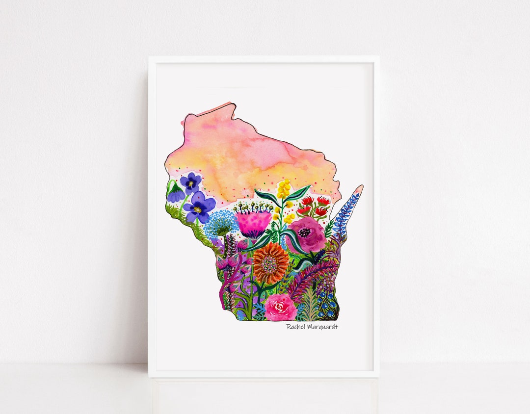 Wisconsin Watercolor Map Print: Floral State Art by Rachel Marquardt - Etsy