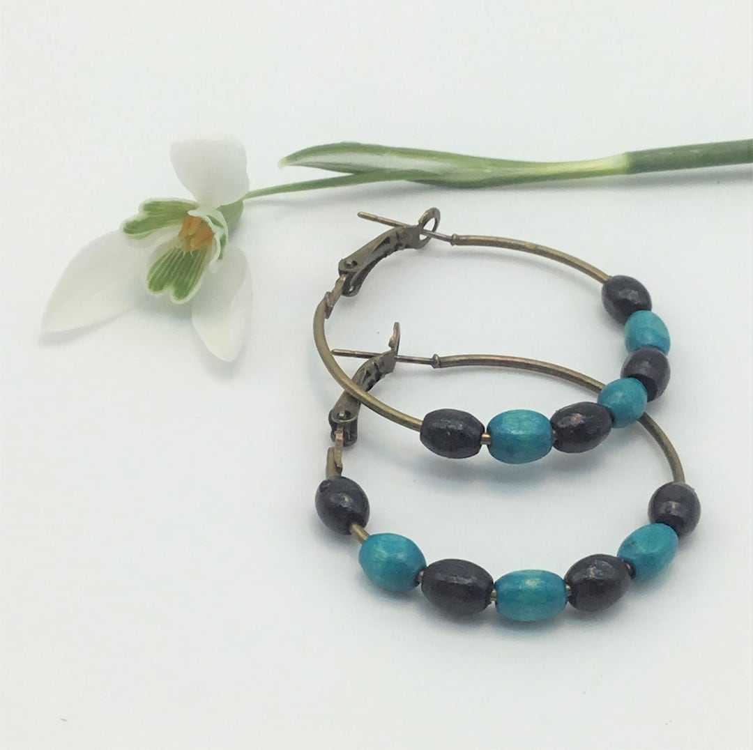 Turquoise Boho Wooden Hoops, Rustic Large Funky Earrings - Etsy