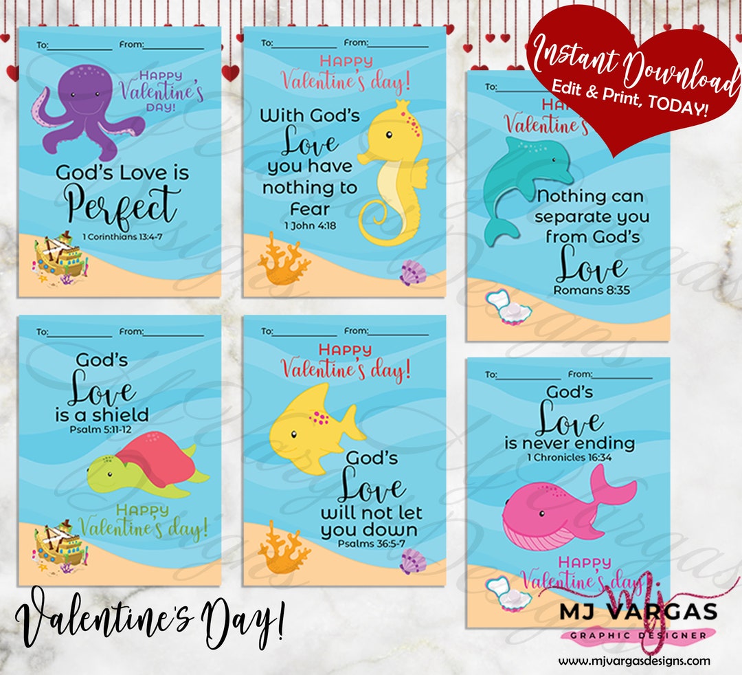 Sea Creatures Christian Valentines Day Cards Printable | Bible Verses ...