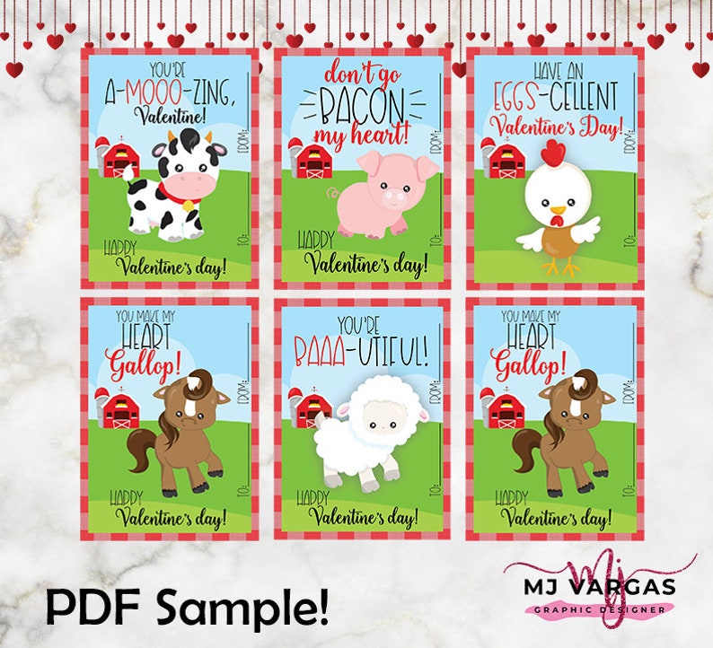 Farm Animals Valentines Day Cards Printable Animals Cards | Etsy